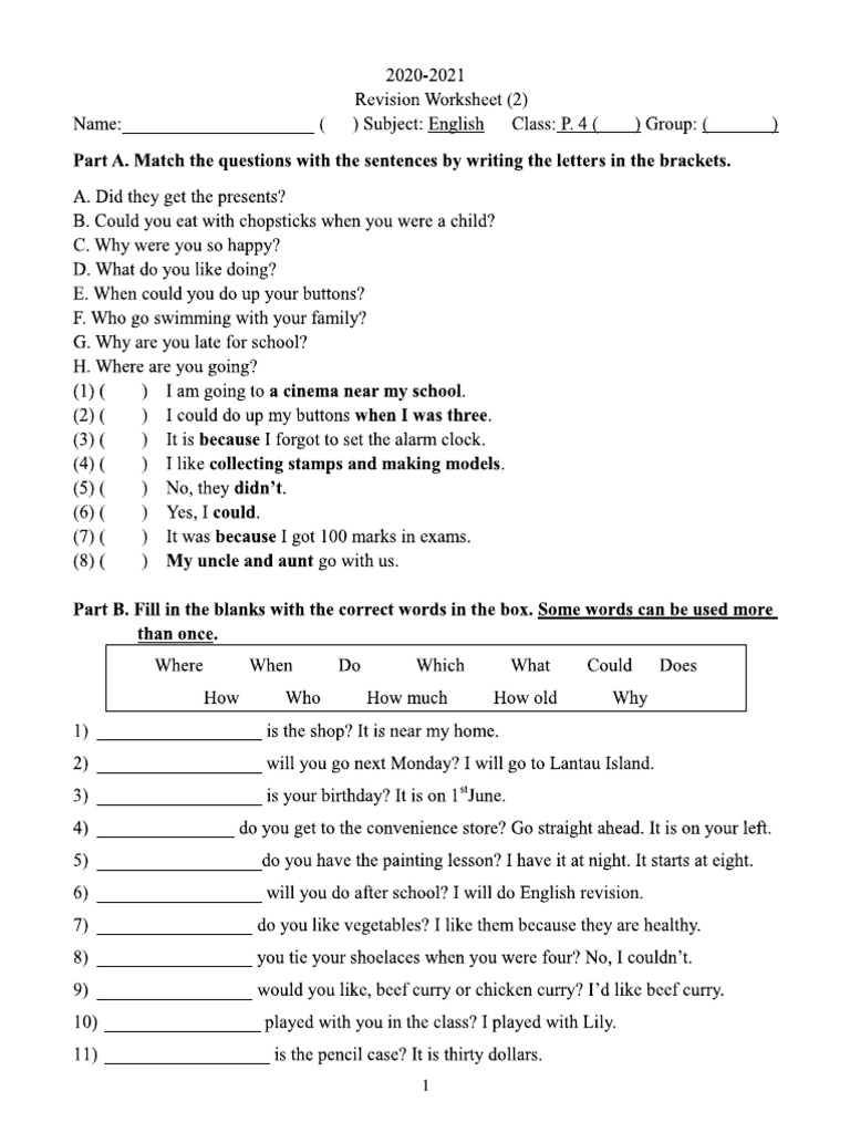 P4 English Revision Worksheet | PDF