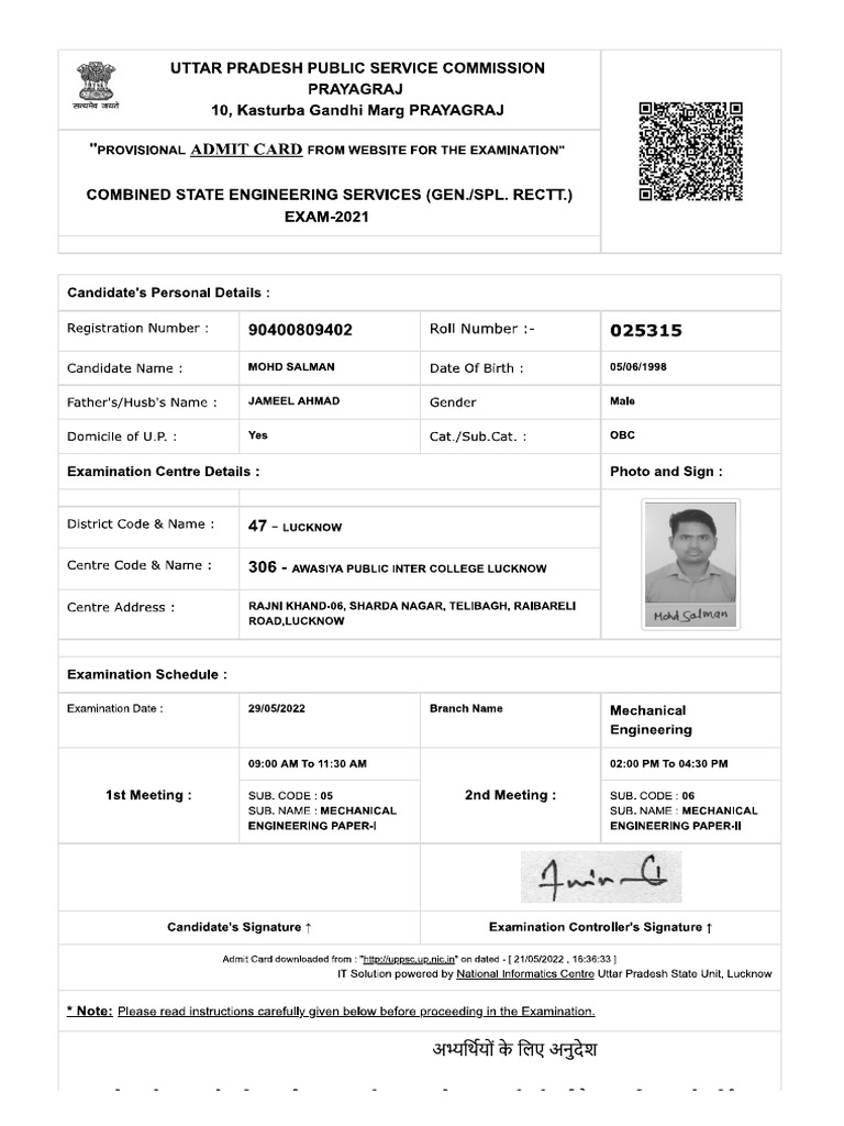 Uppsc Admit Card | PDF