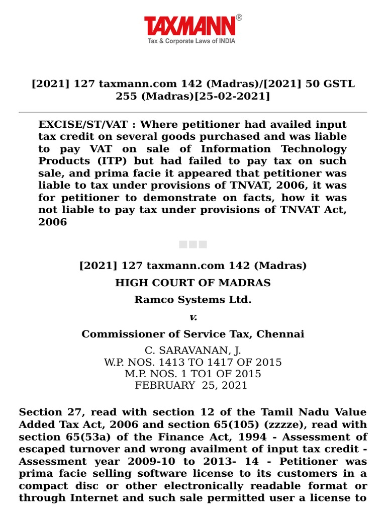 2021 127 Taxmann Com 142 Madras 2021 50 GSTL 255 Madras 25 02 2021 | PDF | Goods | Value Added Tax