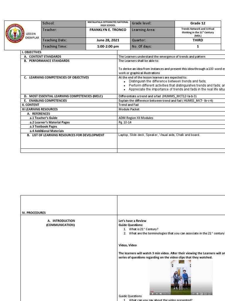 LESSON Exemplar DEMO 2021 Trends | PDF | Learning | Behavior Modification