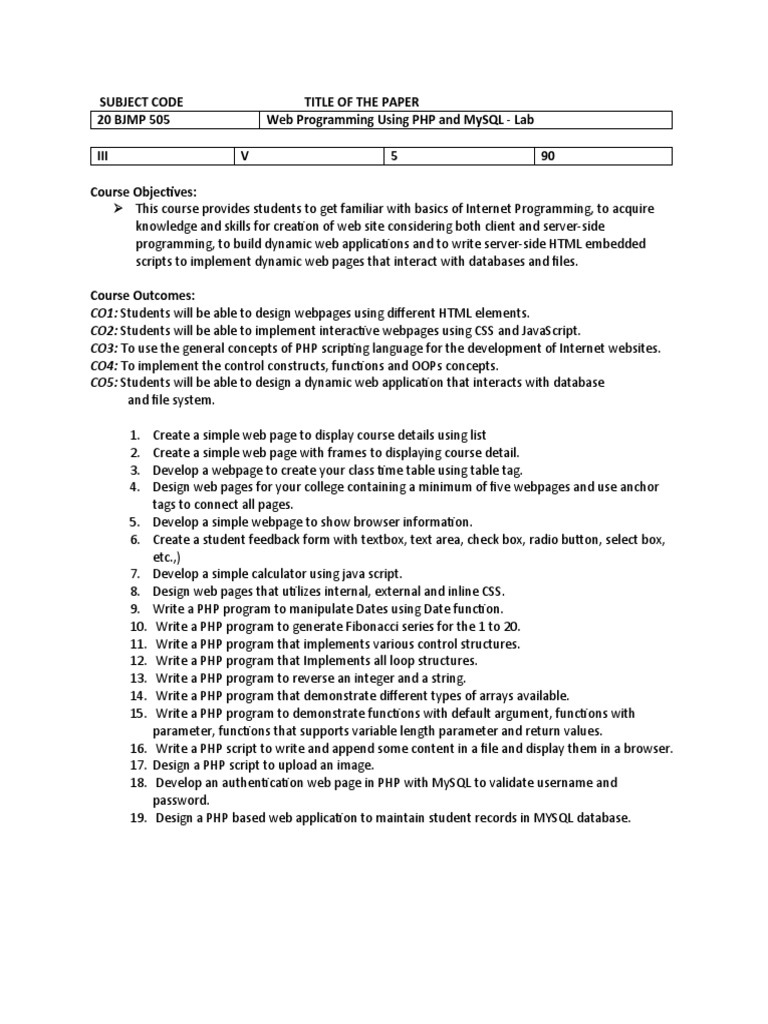 Web Programming Php Lab Syllabus Pdf Php World Wide Web
