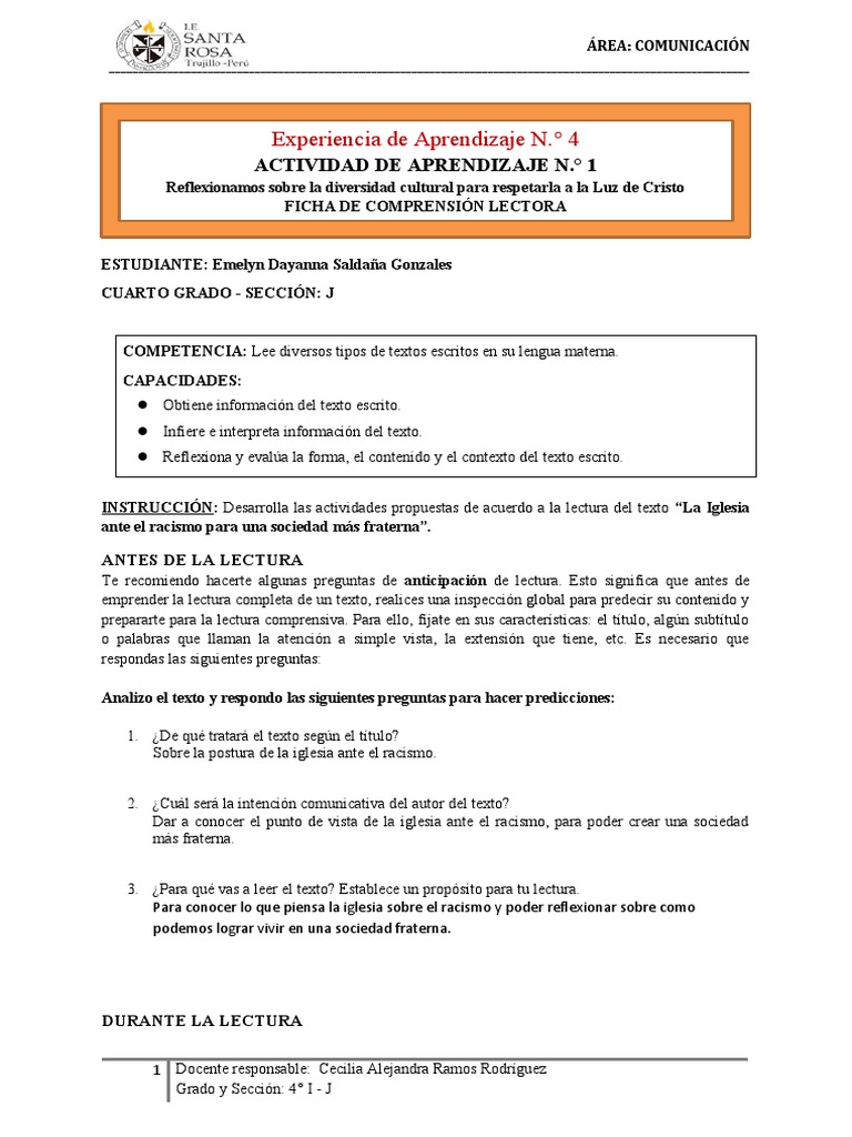 Eda 4 - Ada 1 - Ficha de Comprensión Lectora | PDF | Racismo | Discriminación y relaciones raciales