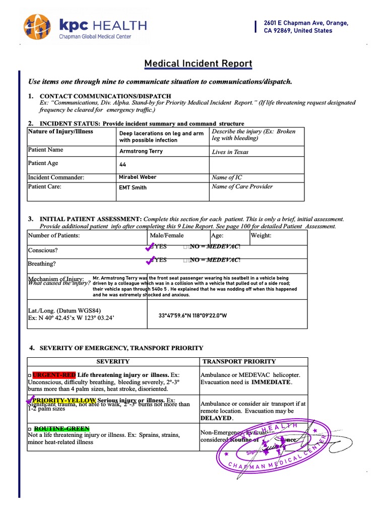 Medical Incident Report: Use Items One Through Nine To Communicate ...