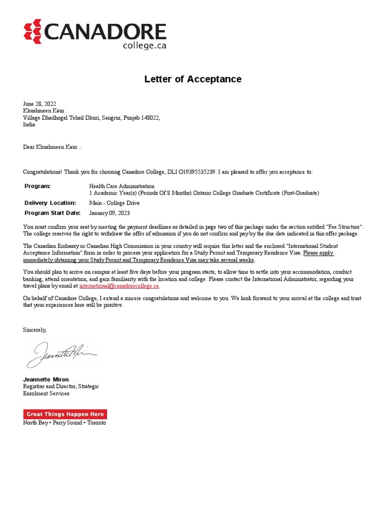 Letter of Acceptance: Program: Delivery Location: Program Start Date ...
