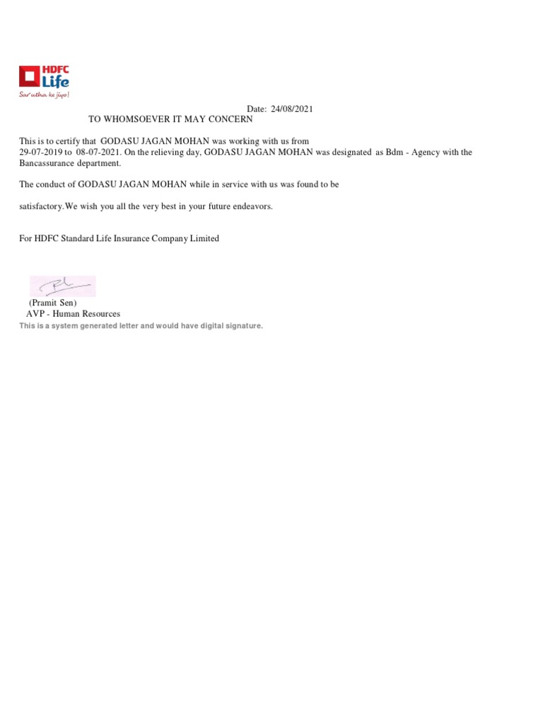 hdfc-life-experience-letter | PDF