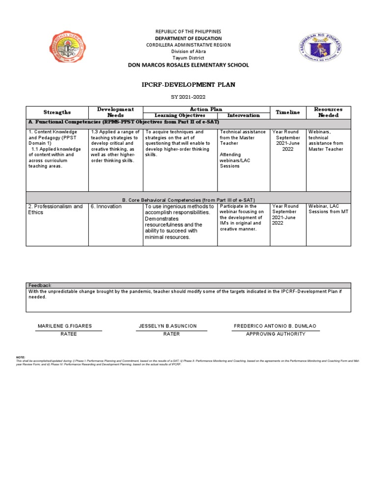 Don Marcos Rosales Elementary School Ipcrf-Development Plan: Department ...