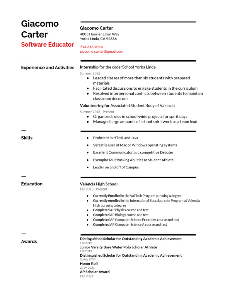 giacomo carter - resume 1 | PDF | Advanced Placement | Learning