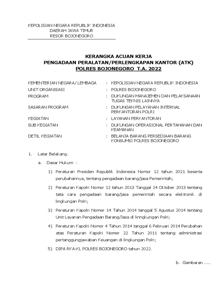Contoh KAK ATK POLRES | PDF | Bisnis | Pengelolaan Keuangan & Uang