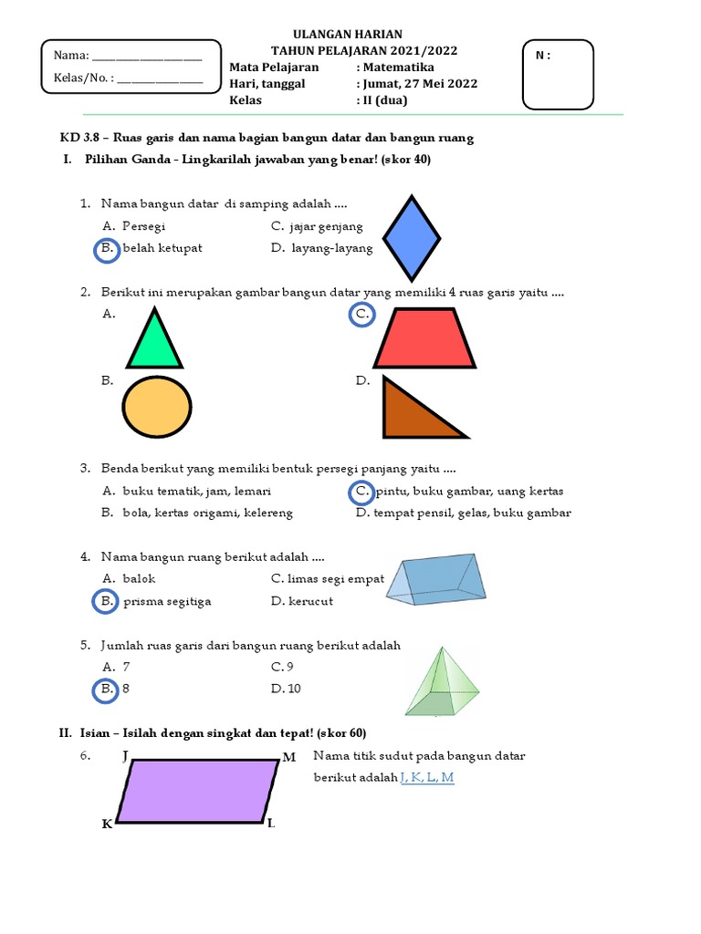 Ulangan Matematika Kelas 2: Bangun Datar & Ruang | PDF