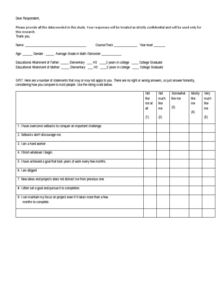 Grit Questionnaire | PDF | Psychology