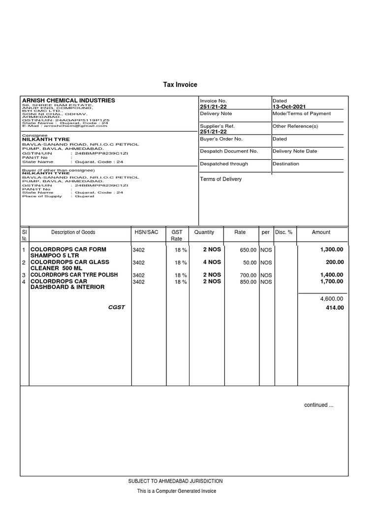 Tax Invoice: Arnish Chemical Industries | PDF | Signature | Taxation