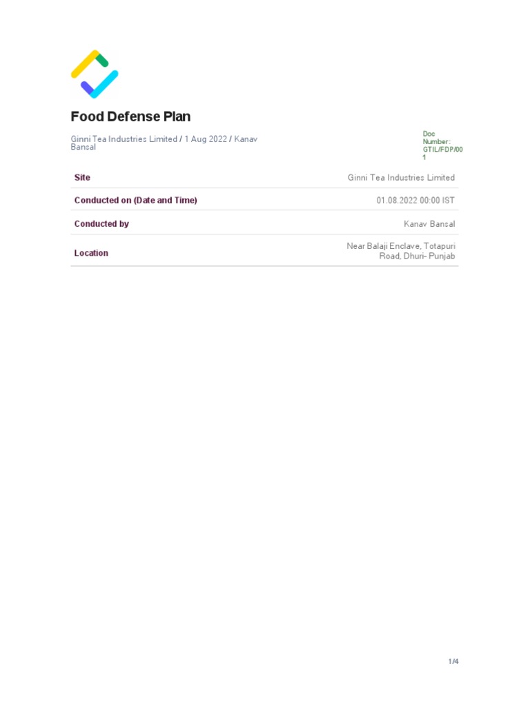 Food Defense Plan: B G A in N N S I A T L Ea Industries Limited / 1 Aug ...