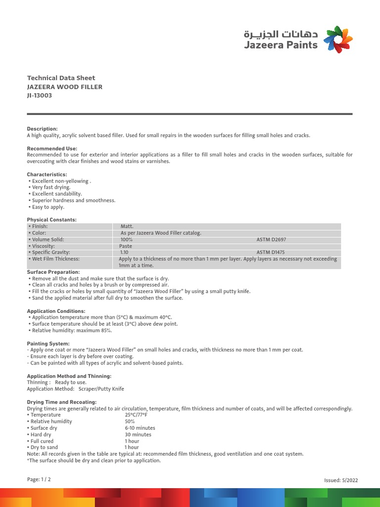 Technical Data Sheet Jazeera Wood Filler JI-13003: Description ...