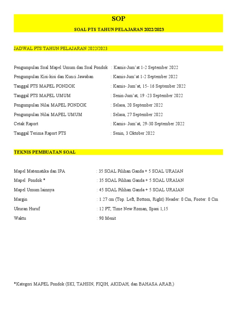 Sop Soal Dan Pelaksanaan Pts TP 2022 2023 | PDF