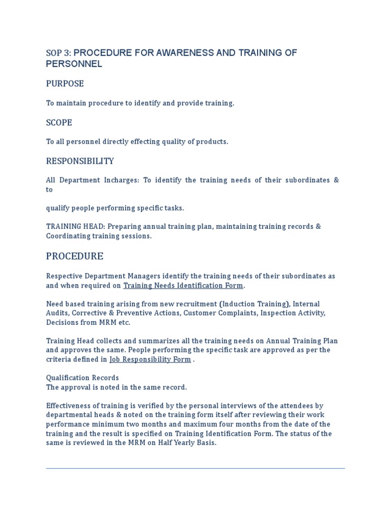 Sop 3: Procedure For Awareness and Training of Personnel Purpose | PDF ...