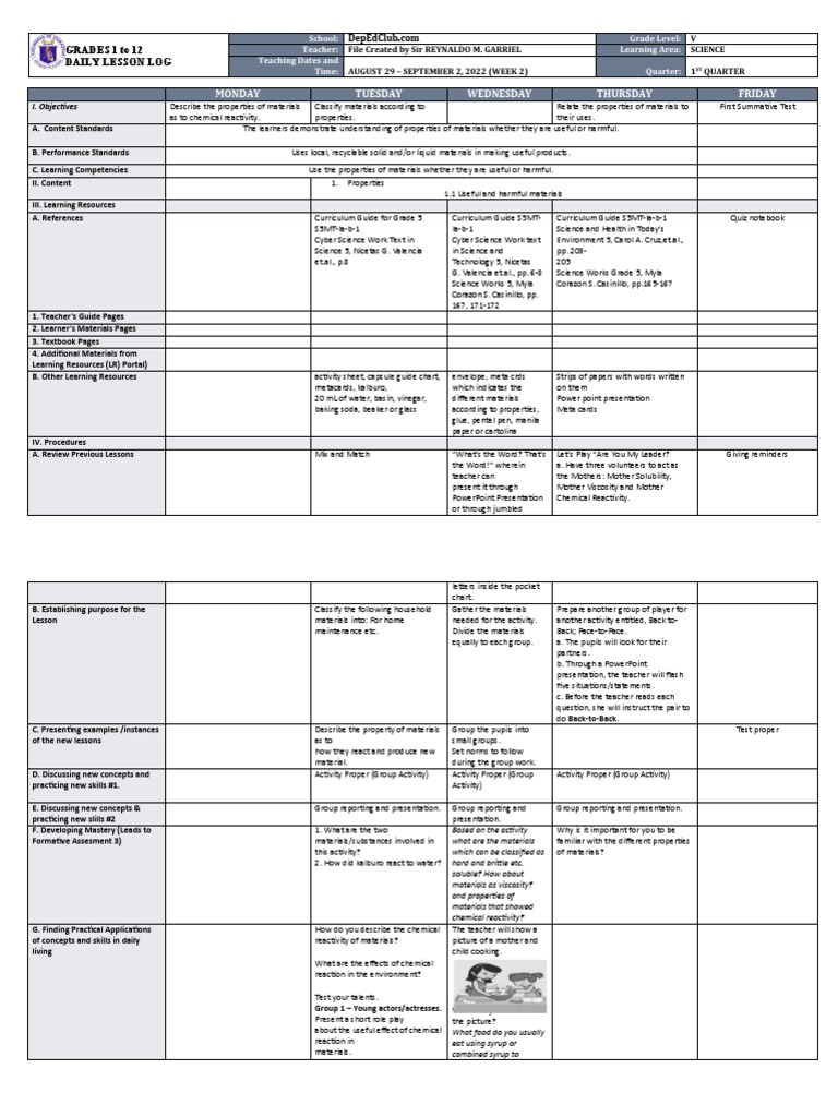 Monday Tuesday Wednesday Thursday Friday: GRADES 1 To 12 Daily Lesson ...