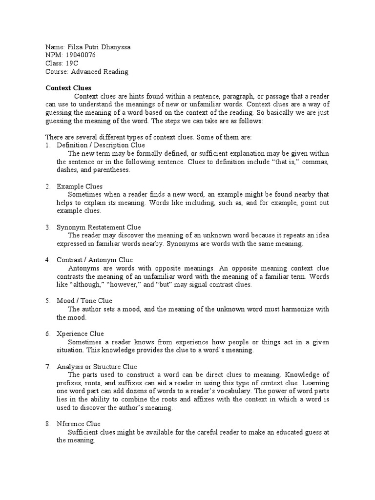 Context Clues | PDF | Word | Experience