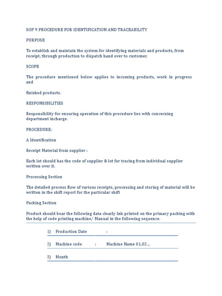Sop 9 Procedure For Identification and Traceability | PDF | Information ...