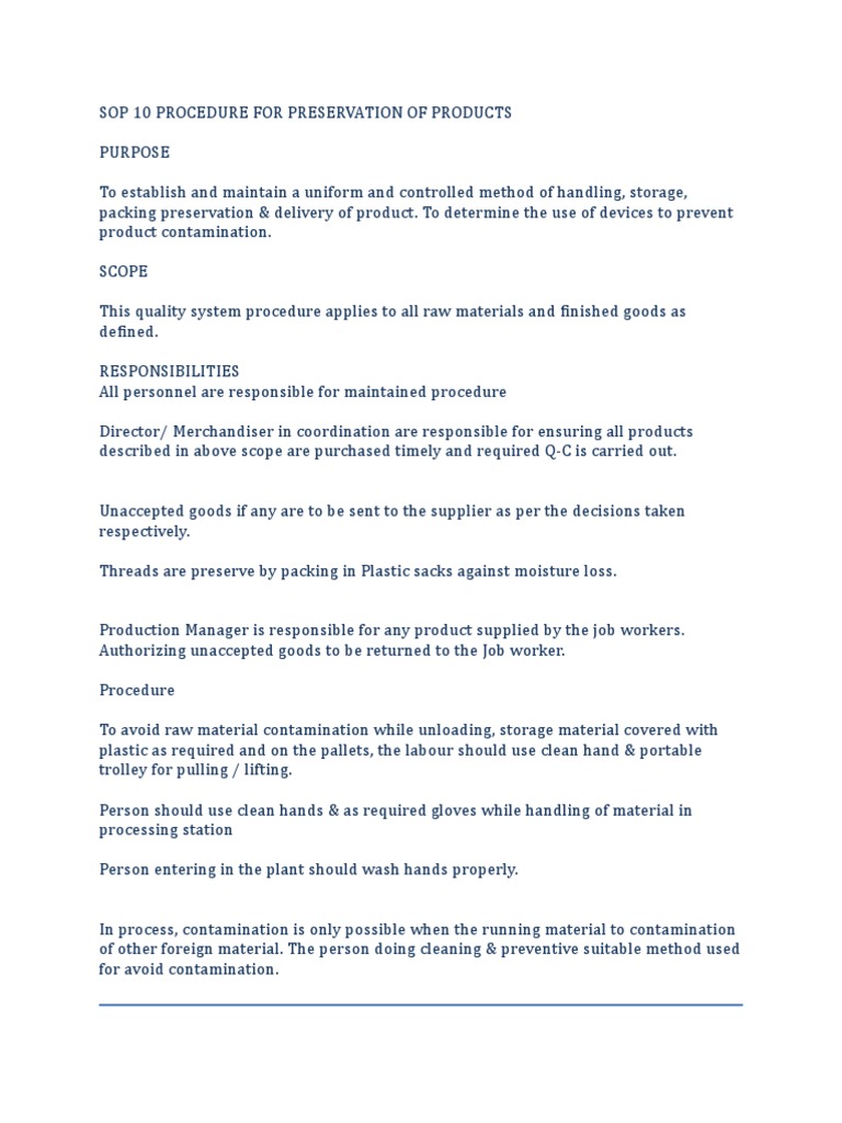 Sop 10 Procedure For Preservation of Products | PDF | Packaging And Labeling | Pallet