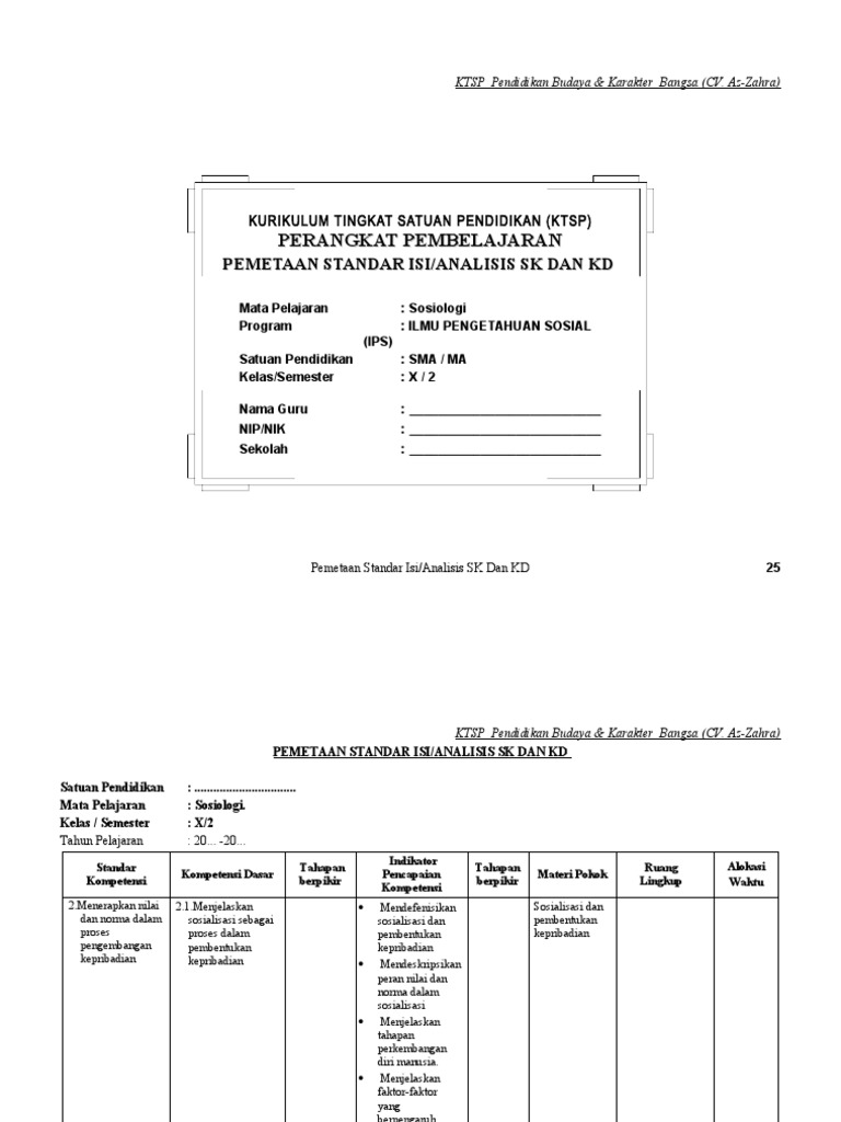 Pemetaan SK KD Sosiologi Kelas X SMT 2 | PDF