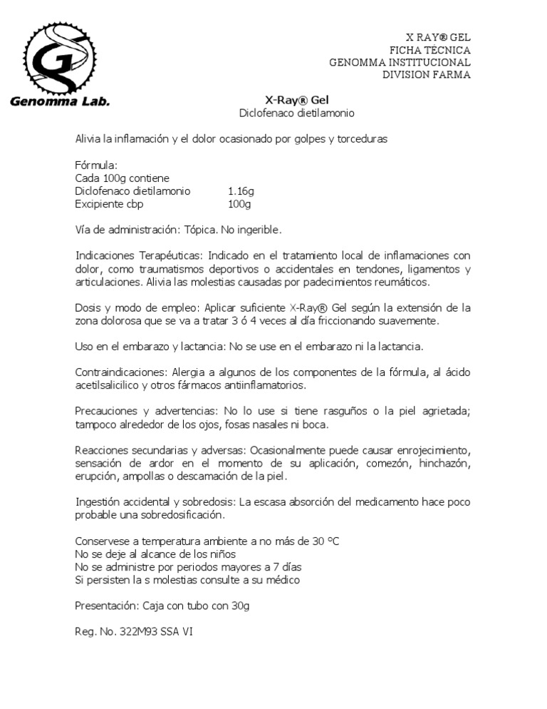 Genomma Lab Ficha Tecnica X Ray Gel | PDF | Antiinflamatorio ...