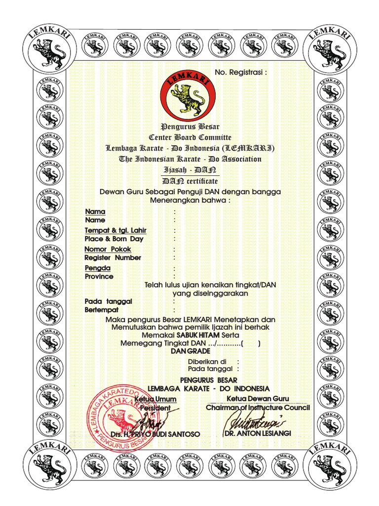 Sertifikat Kenaikan Tingkat Karate LEMKARI | PDF