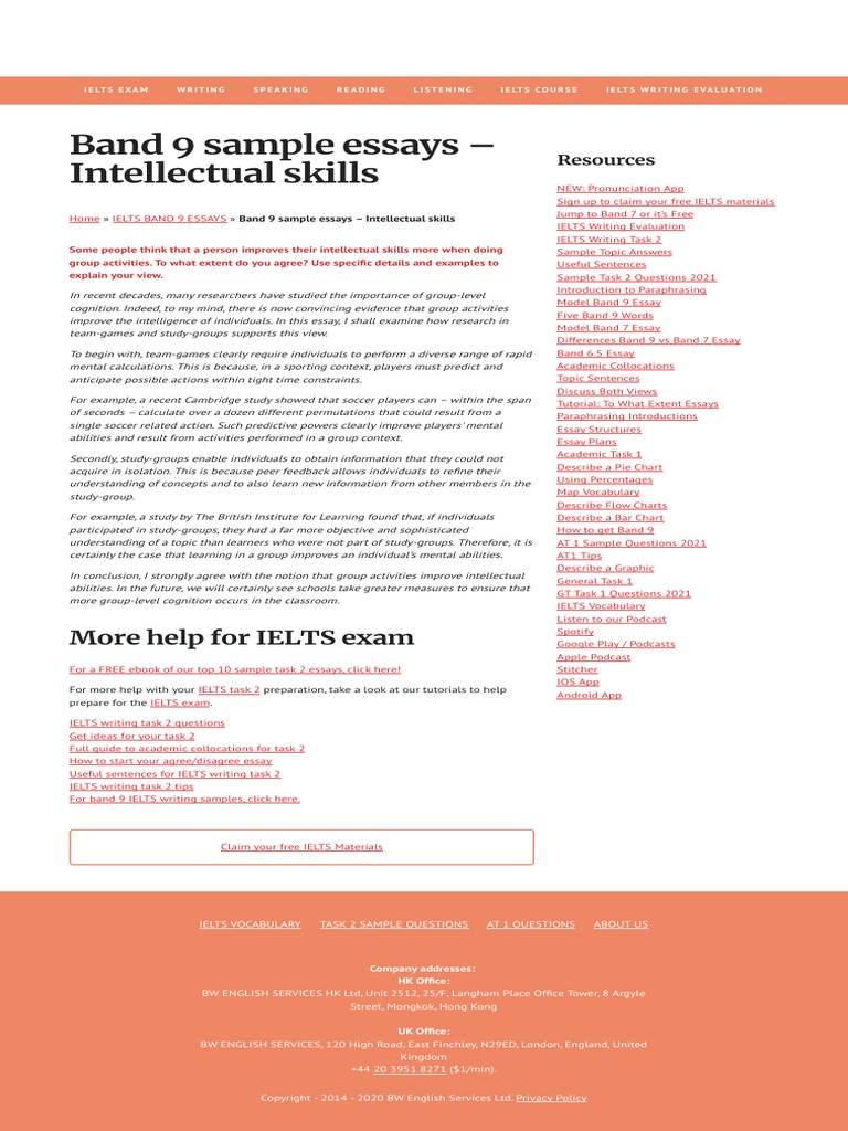 Band 9 Sample Essays - Intellectual Skills - IELTS Podcast | PDF ...