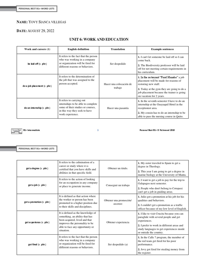 N: D: Unit 6: Work AND Education: OVY Ianca Villegas | PDF | Middle ...