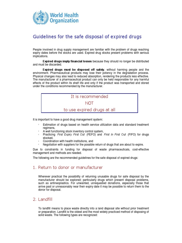 Safe Disposal of Expired Drugs Guidelines | PDF | Incineration | Waste ...