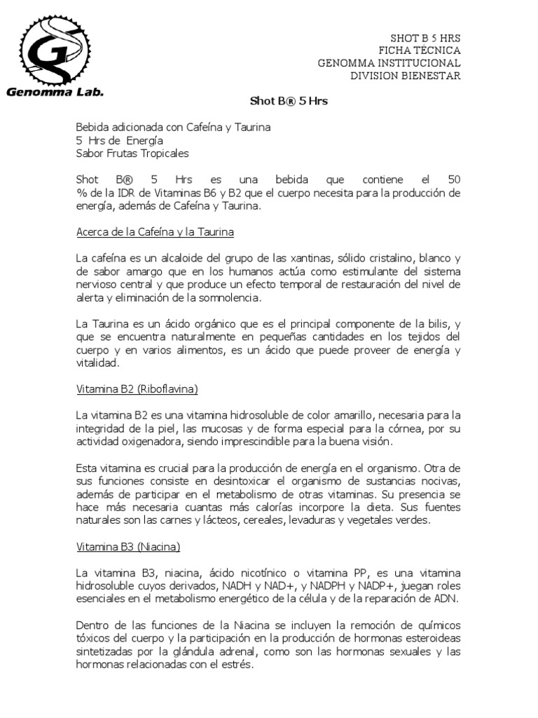 Genomma Lab Shot B 5hrs Ficha Tecnica | PDF | Vitamina | Compuestos ...