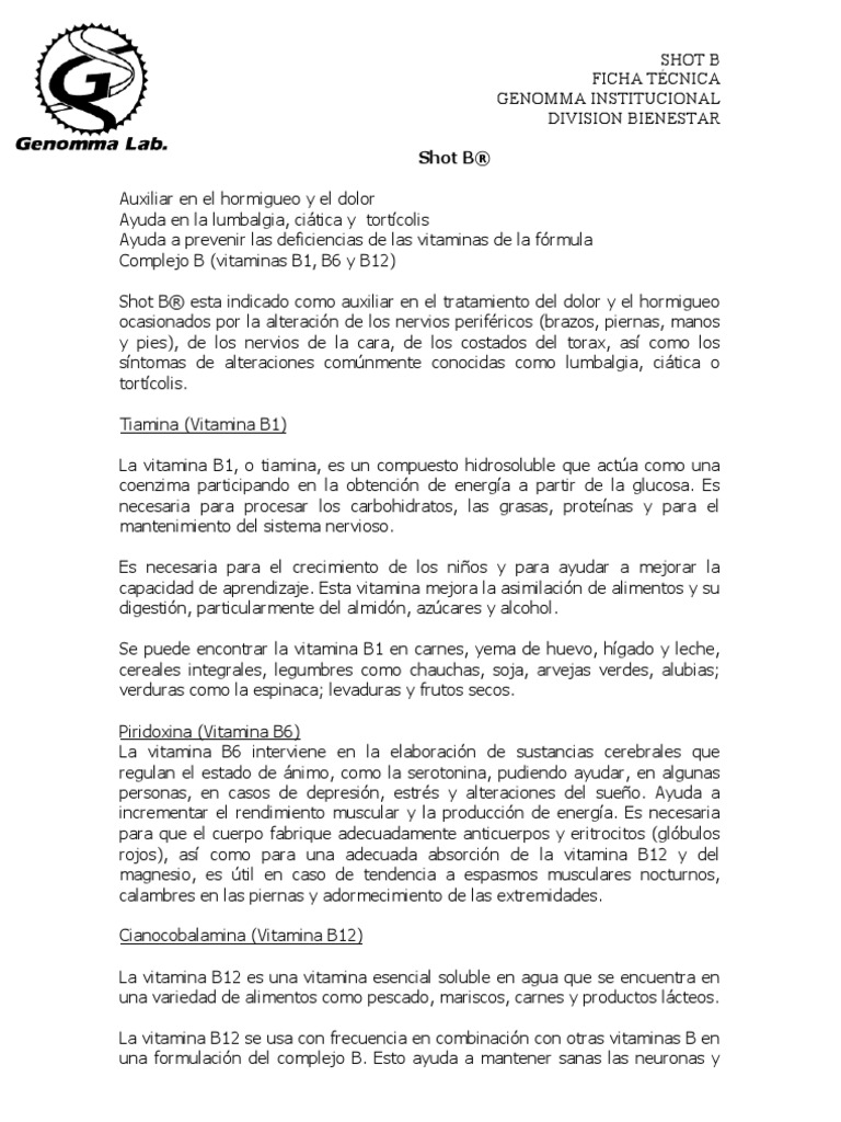 Genomma Lab Shot B Ficha Tecnica | PDF | Vitamina | Bienestar