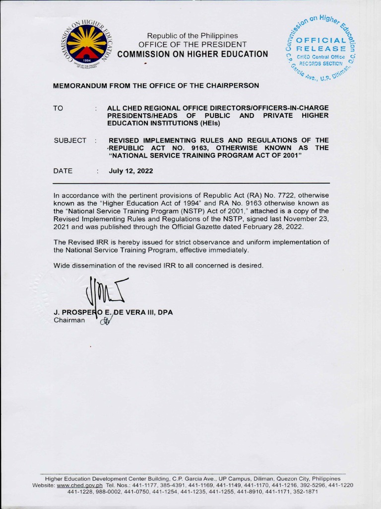 Revised IRR of RA 9163 NSTP Act of 2001 | PDF