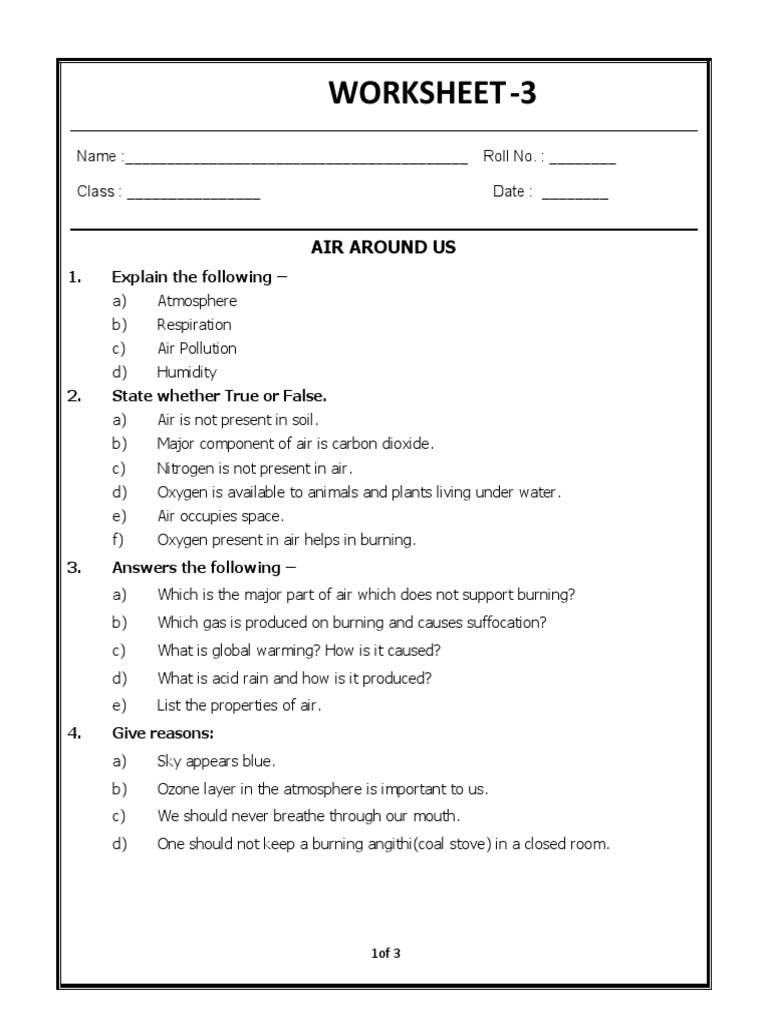Air Around Us Worksheet for Class 6 | PDF | Atmosphere Of Earth ...