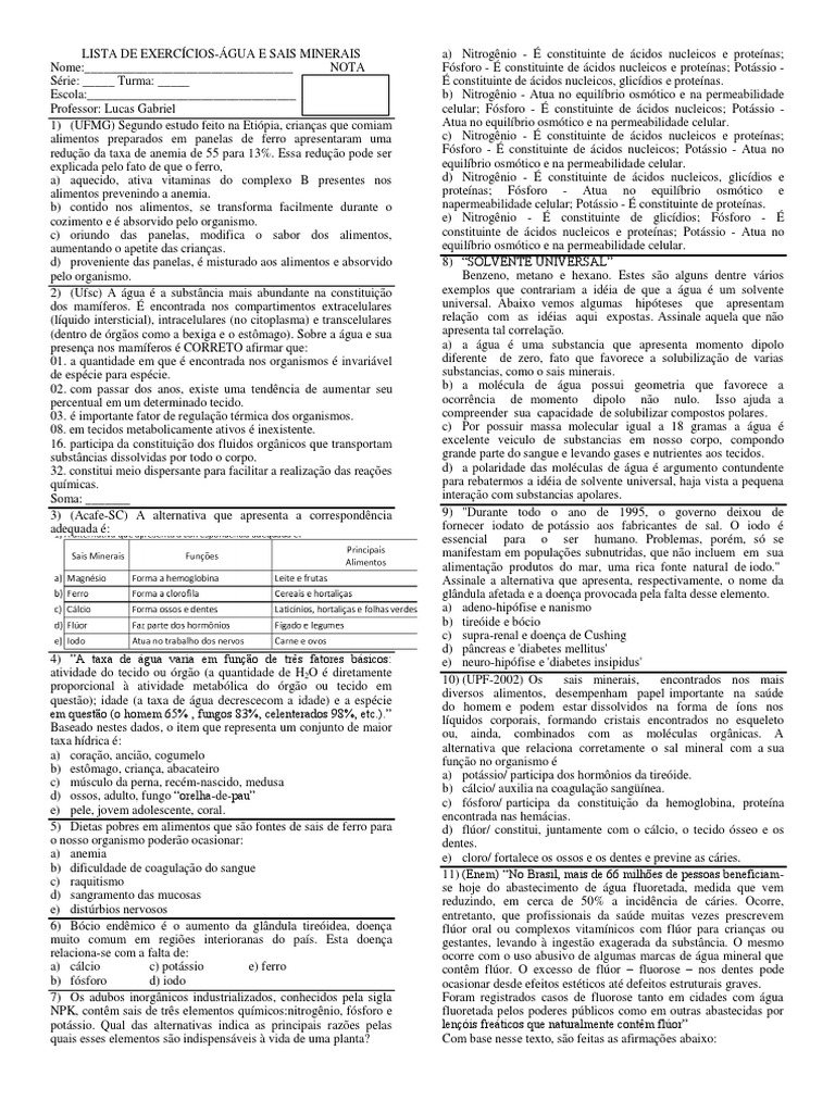 03 Lista De Exercícios água E Sais Minerais 1º Ano Pdf