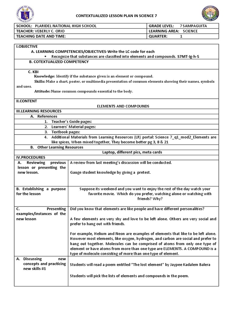 Lesson Plan Grade 7 | PDF | Chemical Compounds | Chemical Substances
