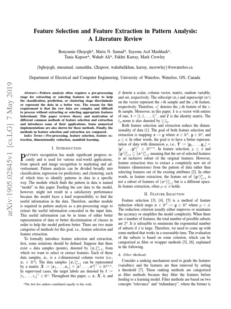 Feature Selection And Feature Extraction In Pattern Analysis A Literature Review Pdf