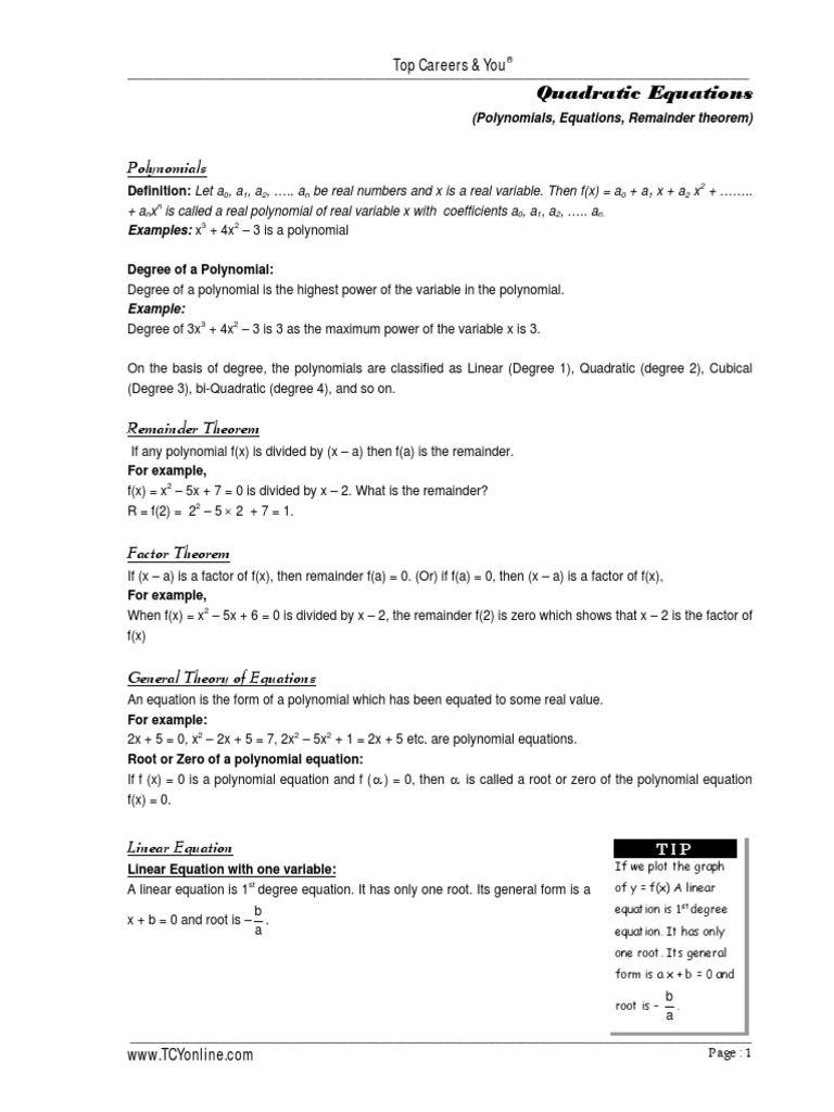 Quadratic Equations | PDF | Polynomial | Equations