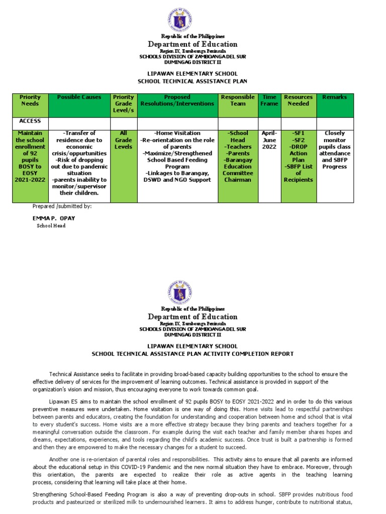 School Technical Assistance Plan and Completion Report | PDF | Learning | Teachers