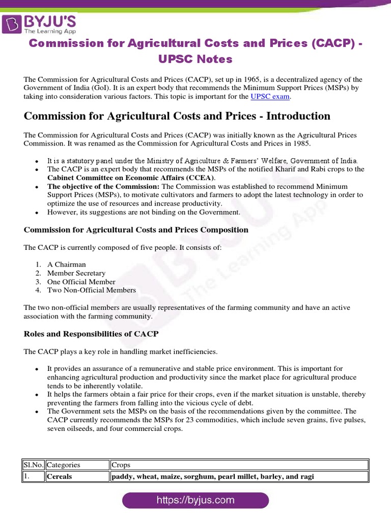 Commission For Agricultural Costs and Prices (CACP) - UPSC Notes | PDF ...