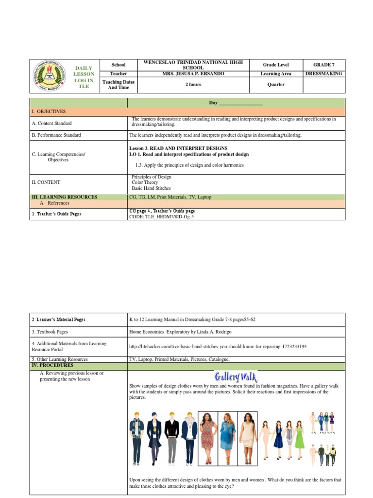 Grade 7 Dressmaking Lesson Plan | PDF | Design | Teachers
