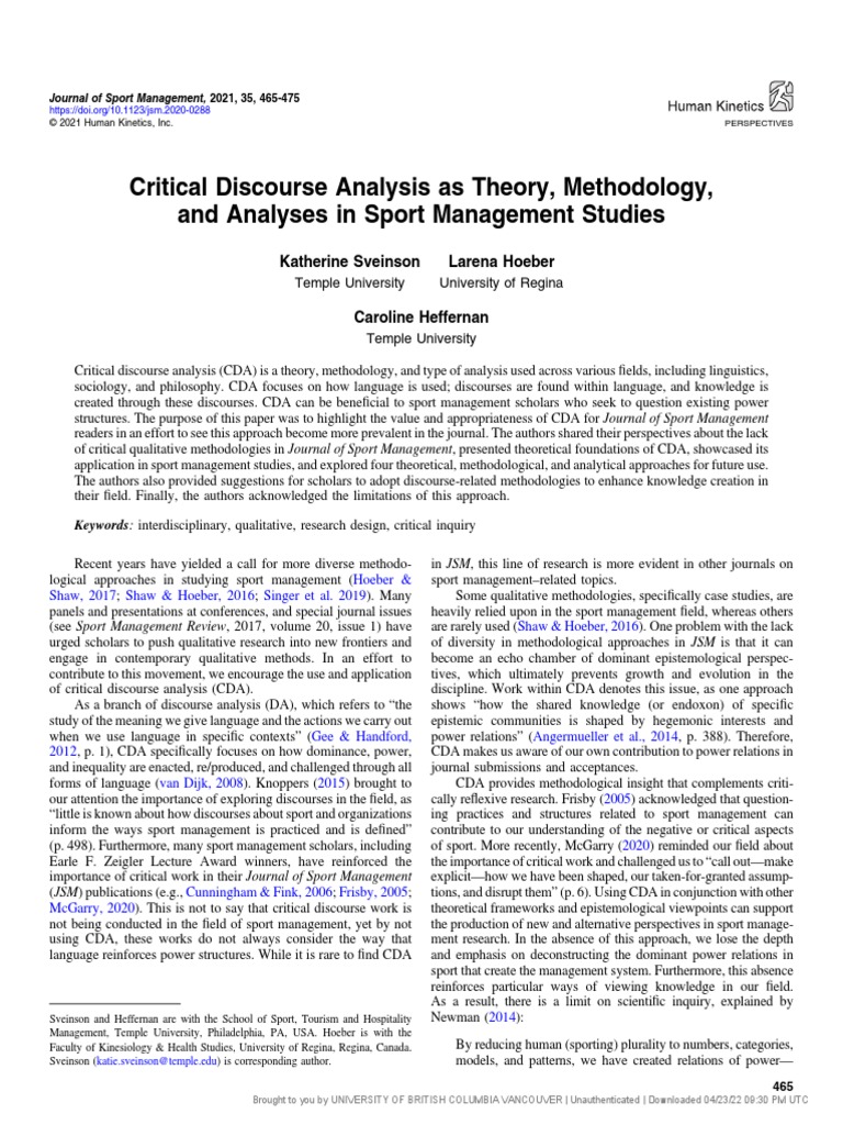 (1543270X - Journal of Sport Management) Critical Discourse Analysis As Theory, Methodology, and ...