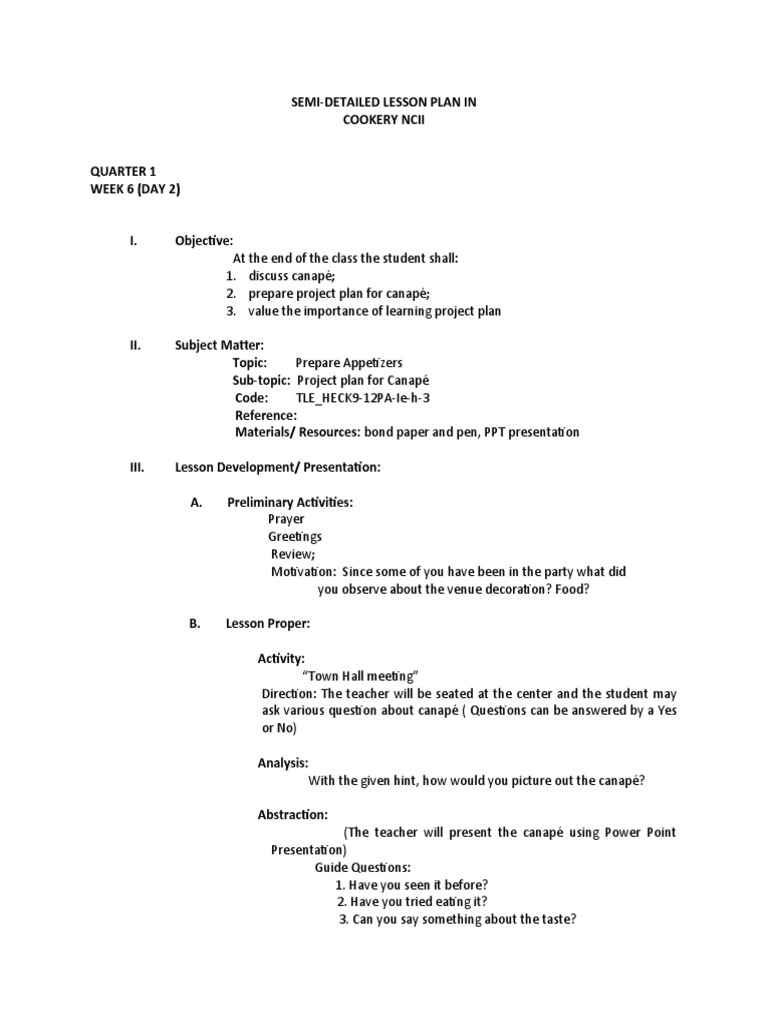 Project Plan Canapé Lesson | PDF