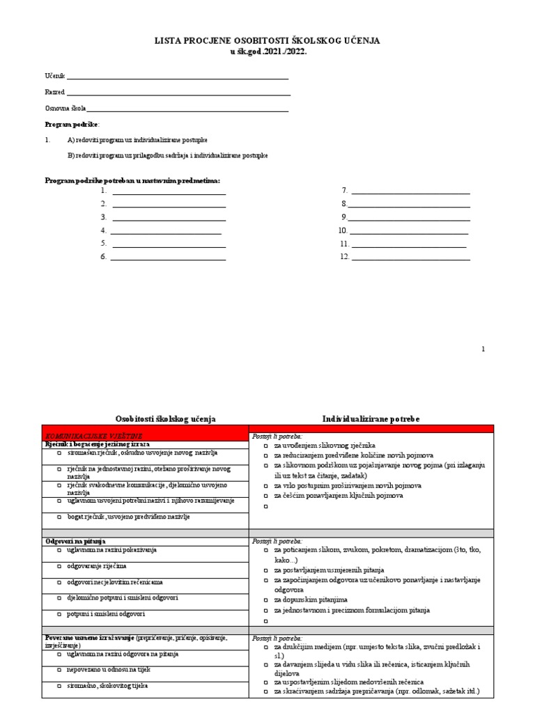 Lista Procjene Osobitosti Školskog Učenja - Uređeno 2 | PDF