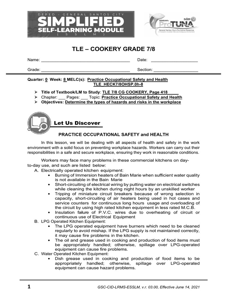 Tle - Cookery Grade 7/8: Let Us Discover | PDF | Occupational Safety ...