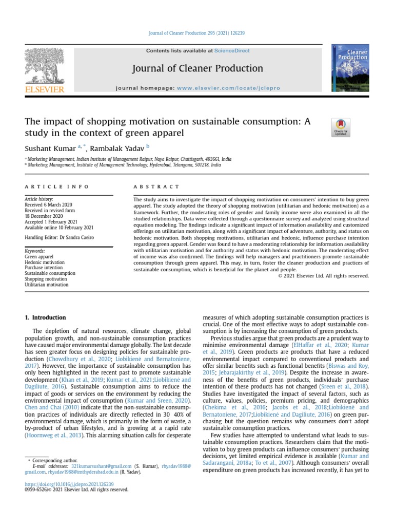 Journal of Cleaner Production: Sushant Kumar, Rambalak Yadav | PDF ...