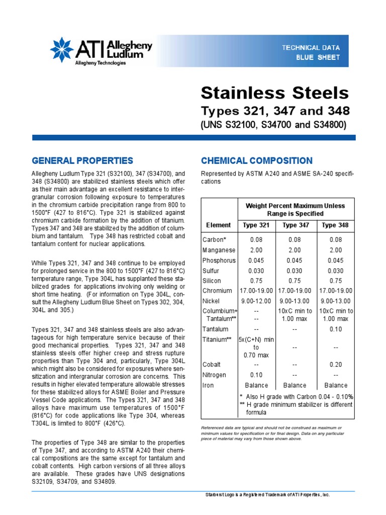 Stainless Steels: Types 321, 347 and 348 | PDF | Stainless Steel | Steel