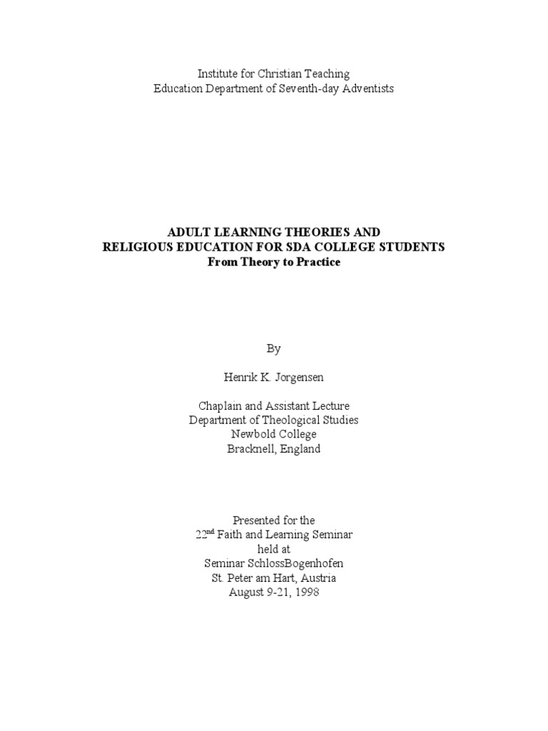 SDA EDUCATION AND ADULT LEARNING THEORIES - Jorgensen - Newbold | PDF ...