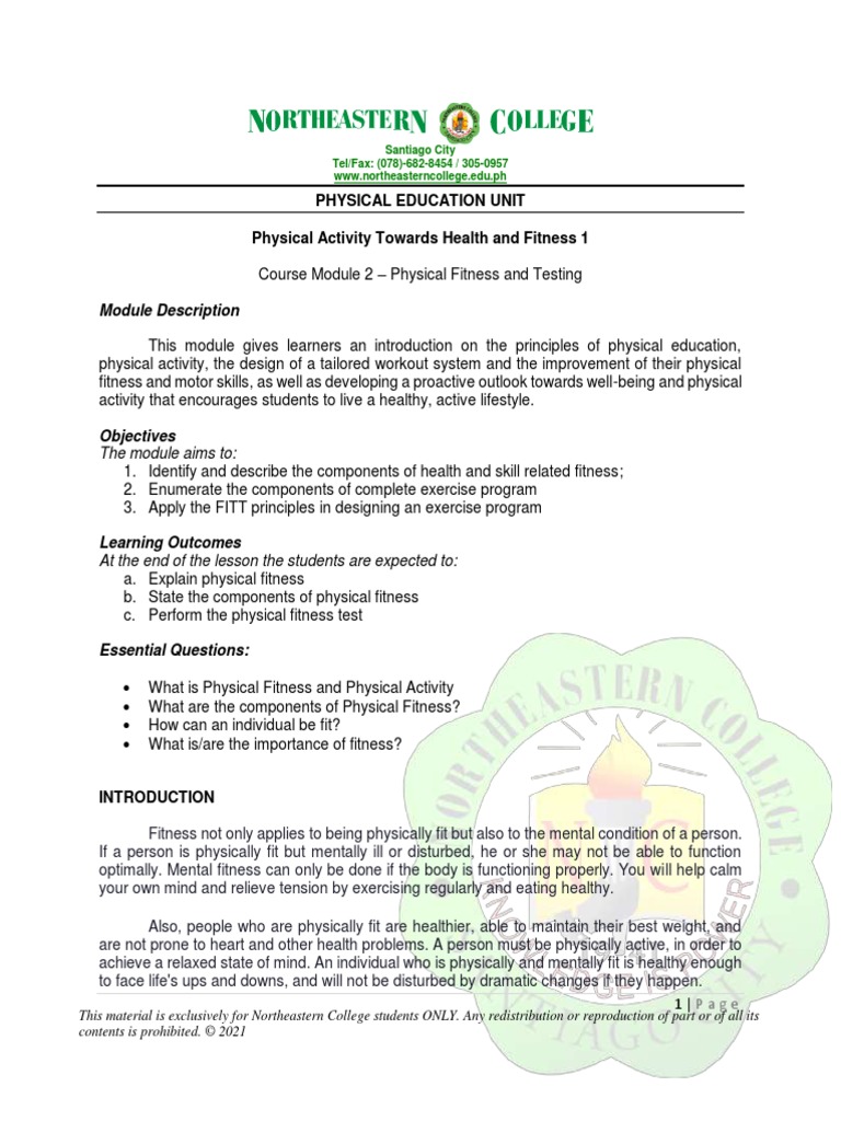 Physical Education Unit Physical Activity Towards Health and Fitness 1 | PDF | Physical Fitness ...