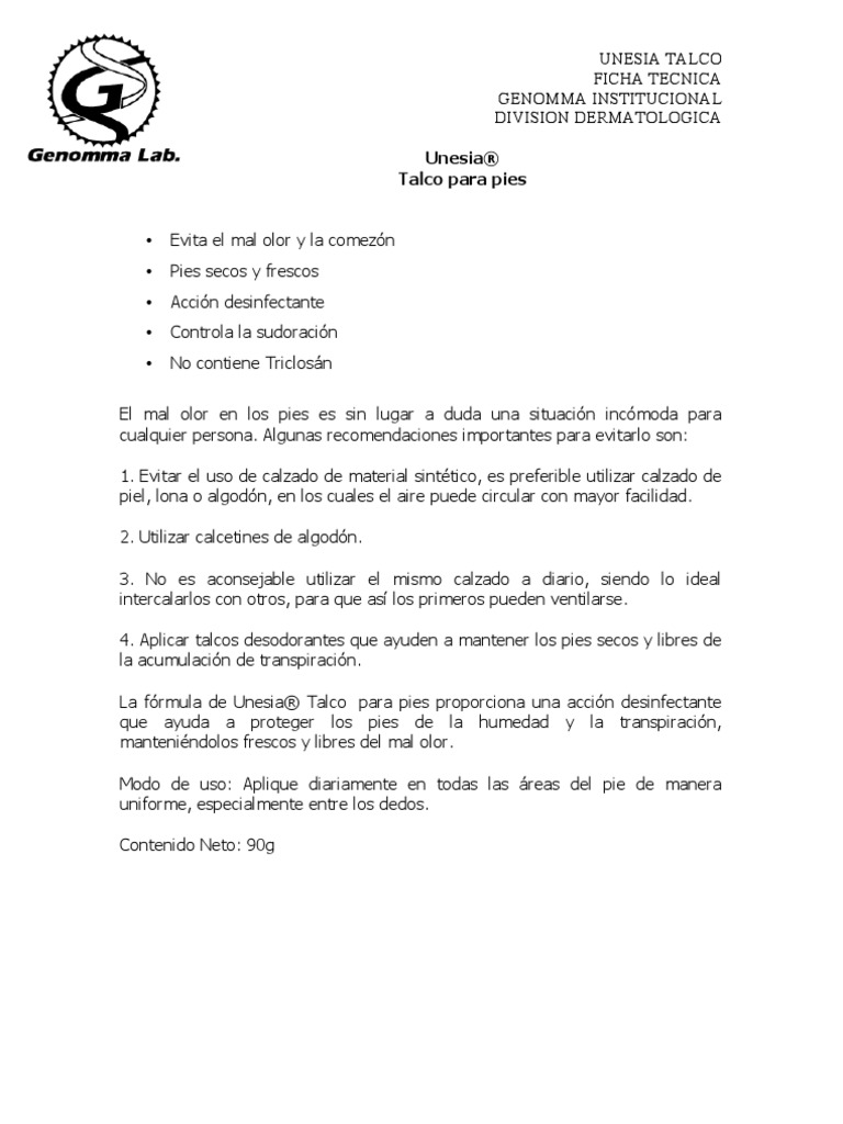 Genomma Lab Unesia Talco Ficha Tecnica | PDF | Hogar y jardín
