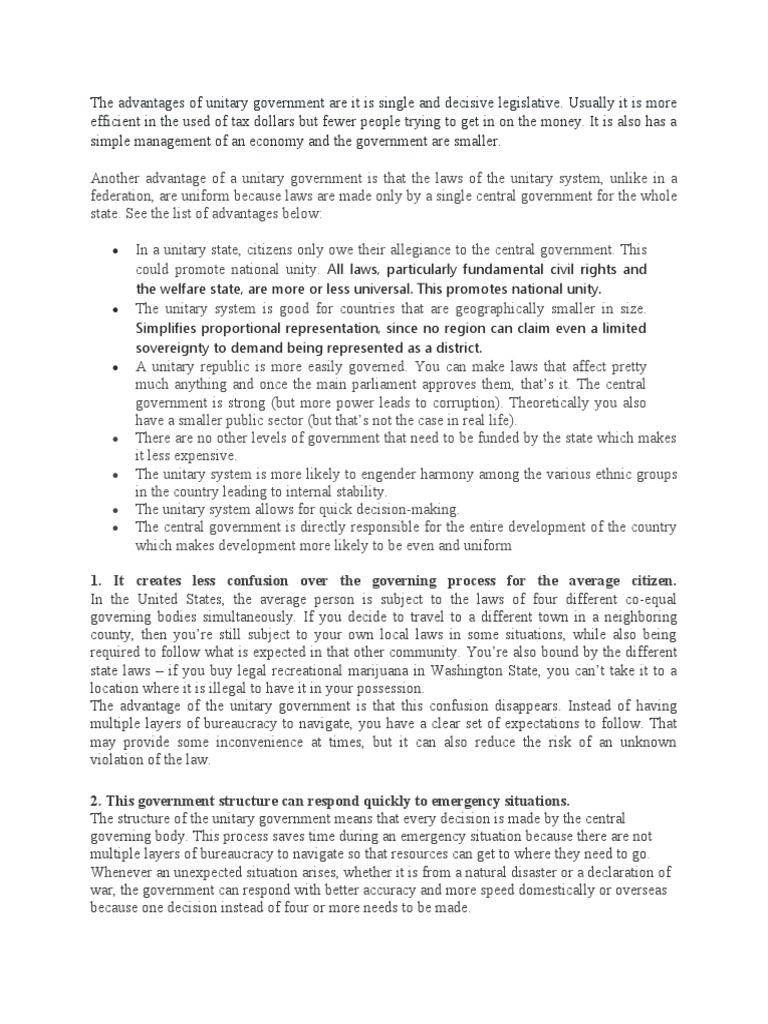 Advantages of Unitary Government | PDF | Federal Government Of The ...
